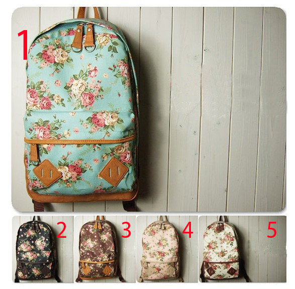 Floral Printed Canvas Backpack College Vintage Cute Flowers Book ...